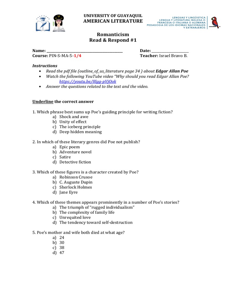 American Literature Romanticism Read & Respond #1: Instructions | PDF ...