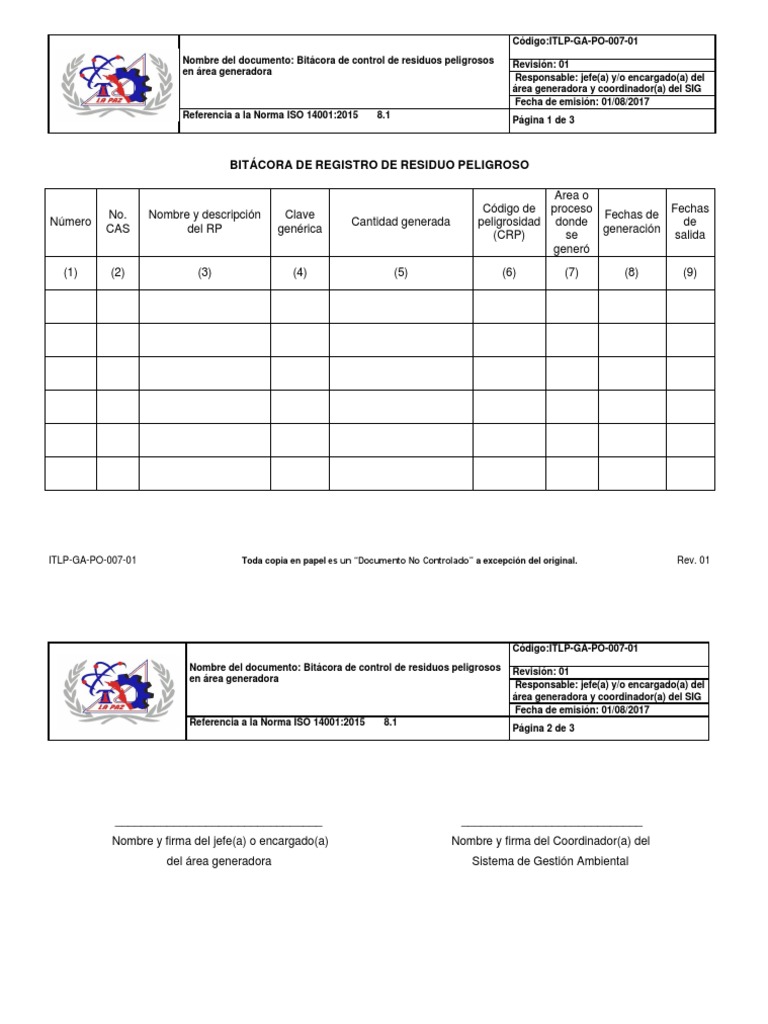 Bitácora de Residuos Peligrosos | PDF | Entorno natural
