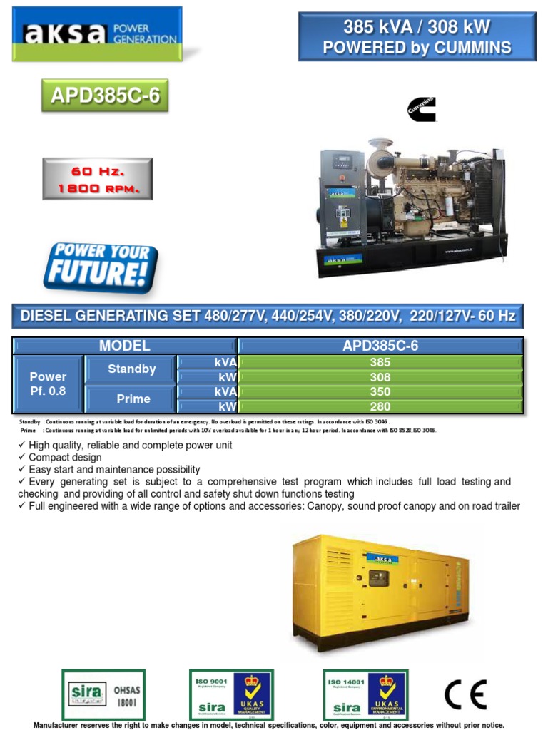 Aksa Cummins 308 kW Generator Manual | PDF | Mains Electricity | Electric Generator