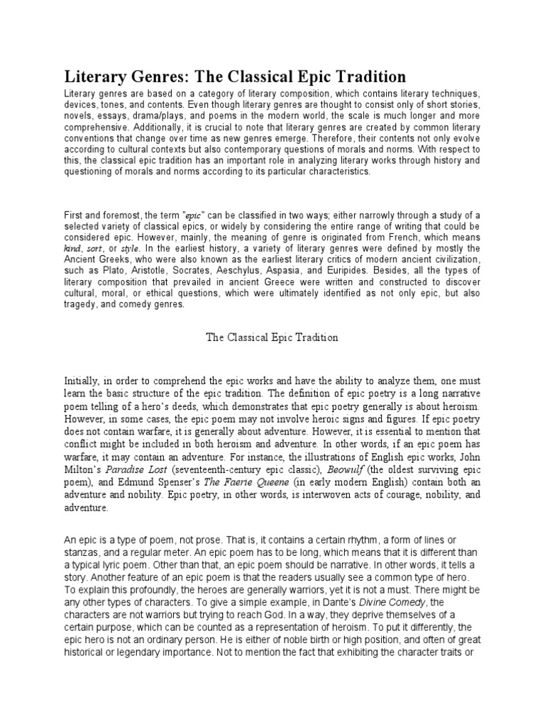 Literary Genres: The Classical Epic Tradition | PDF | Epic Poetry | Poetry
