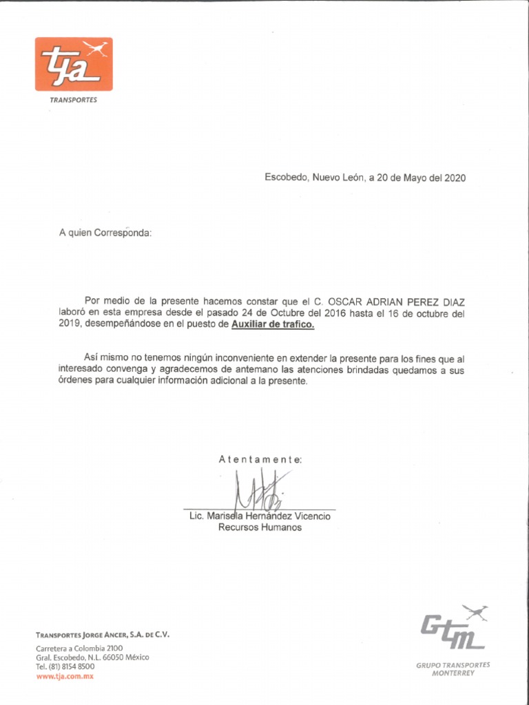 Carta de Recomendacion Transportes Jorge Ancer | PDF