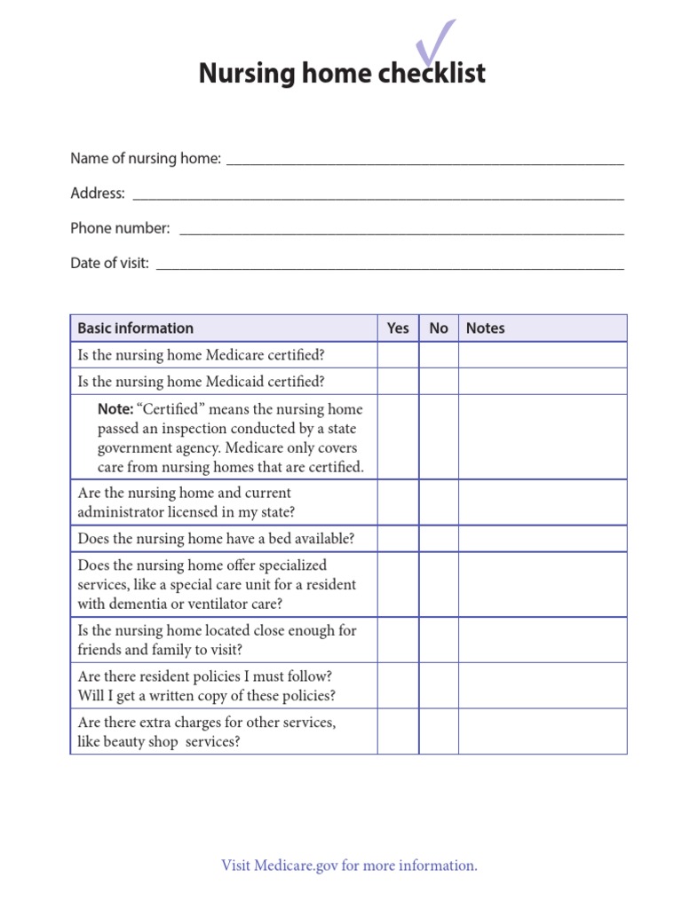 Nursing Home Checklist | PDF | Dementia | Nursing