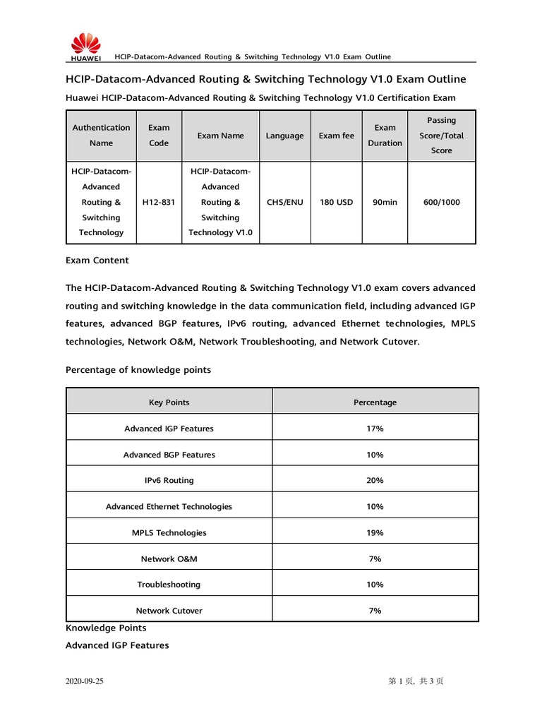 HCIP-Datacom-Advanced Routing Switching Technology V1.0 Exam Outline | PDF | Networking ...