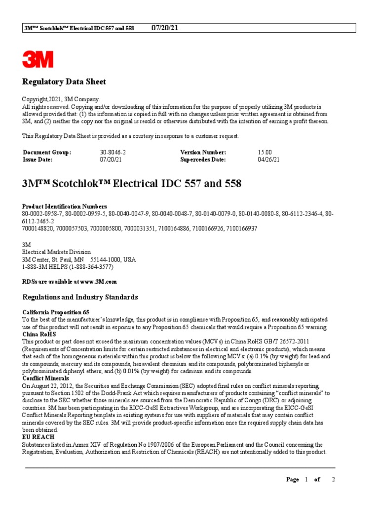 3M™ Scotchlok™ Electrical IDC 557 and 558: Regulatory Data Sheet | PDF