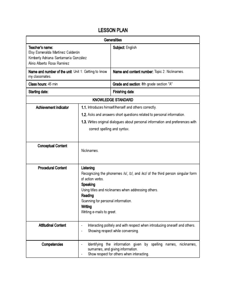 LESSON PLAN - Nicknames | PDF | Lesson Plan | Teachers