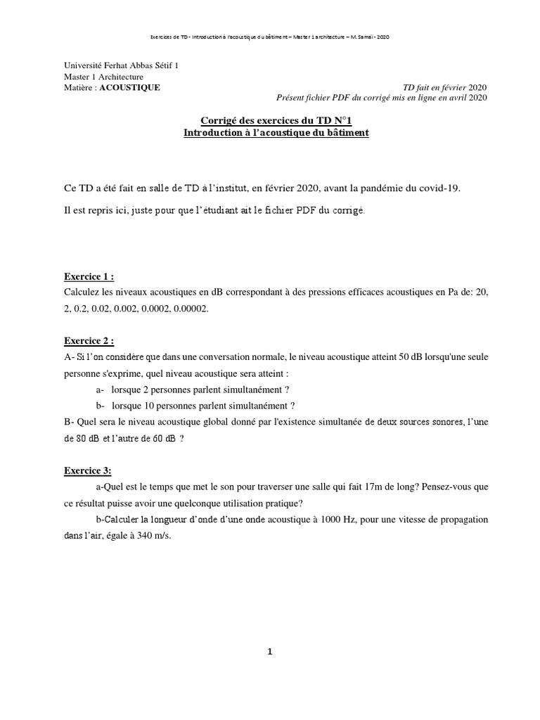 Corrige Dut D 1 A Cous Tique | PDF | Décibel | Son