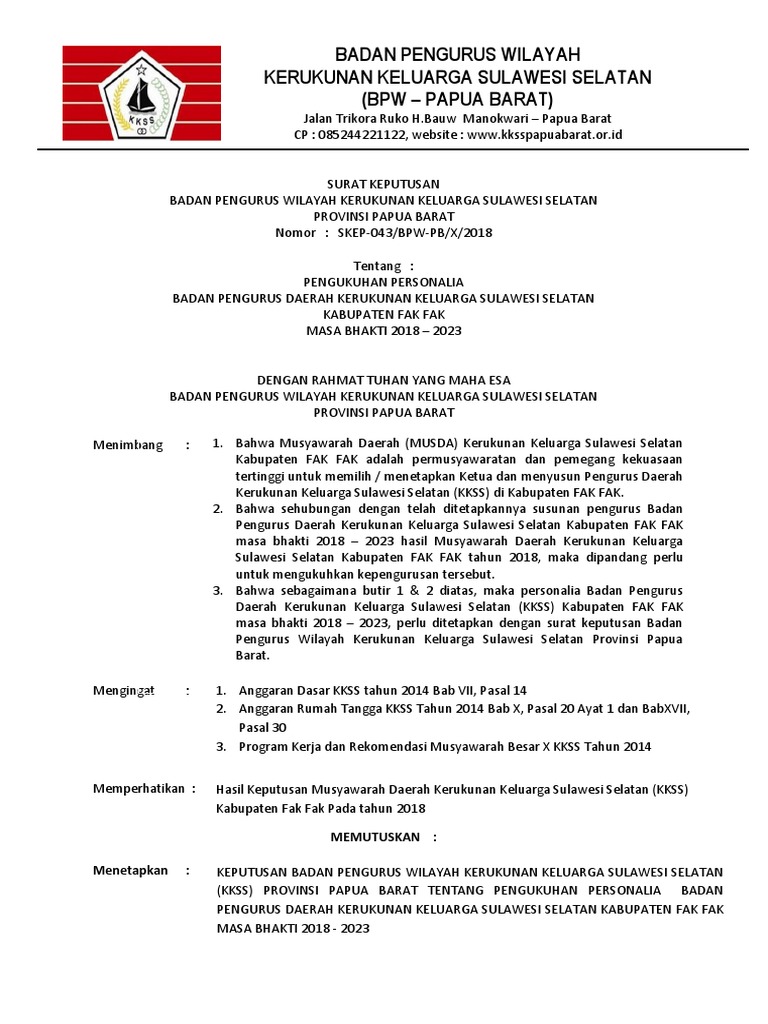 SURAT KEPUTUSAN BADAN PENGURUS WILAYAH KERUKUNAN KELUARGA SULAWESI ...