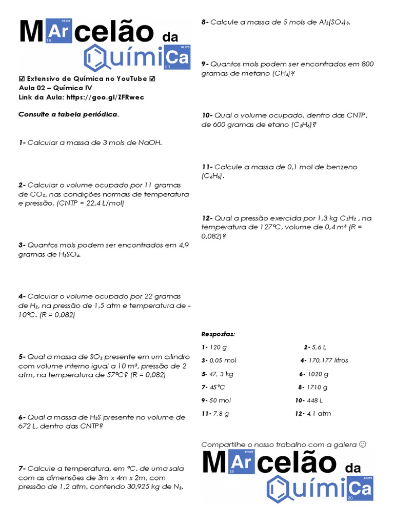 Aula02 Quimica4 Exercícios | PDF