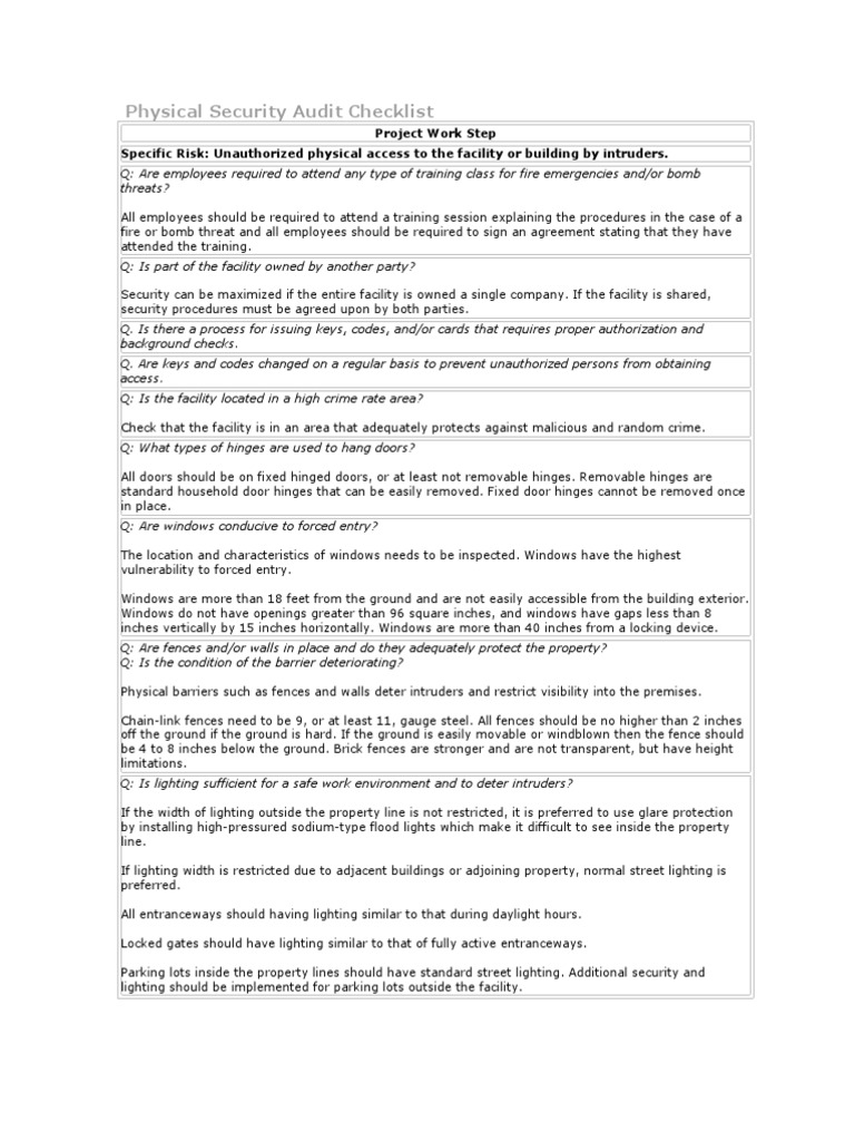 Physical Security Audit Checklist | PDF | Technology & Engineering