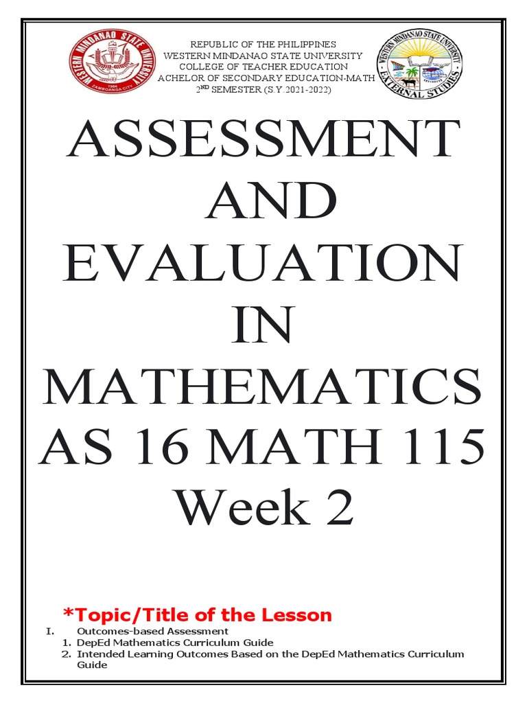 Assessment AND Evaluation IN: Mathematics AS 16 MATH 115 Week 2 | PDF ...