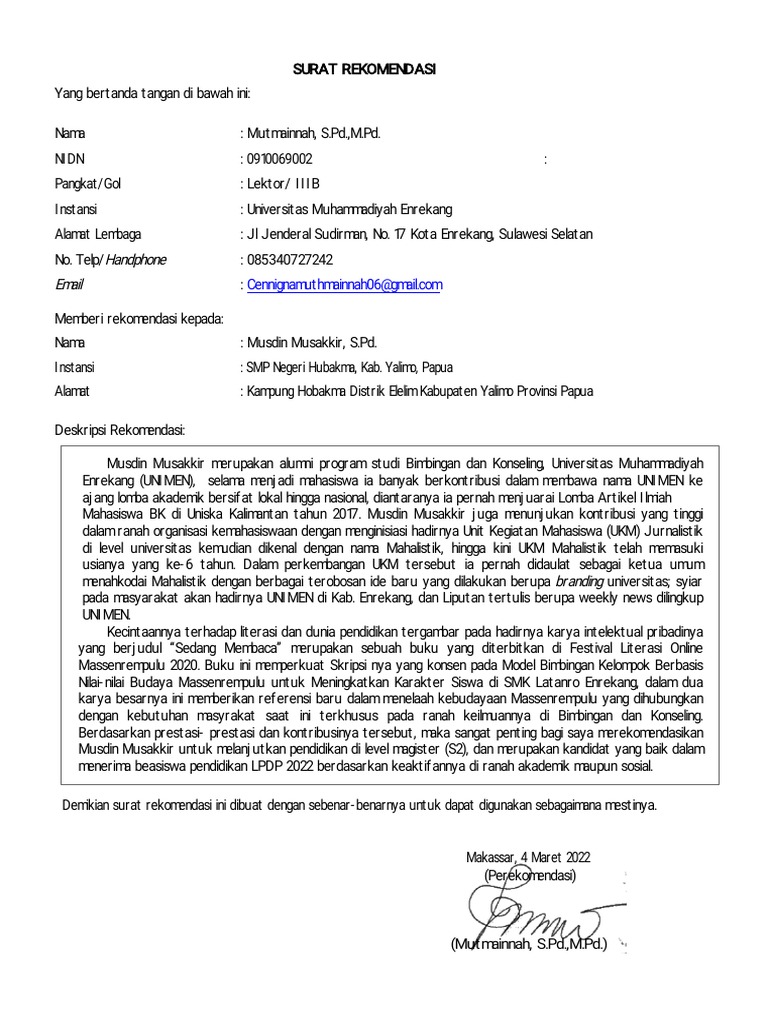 Surat Rekomendasi Beasiswa LPDP | PDF