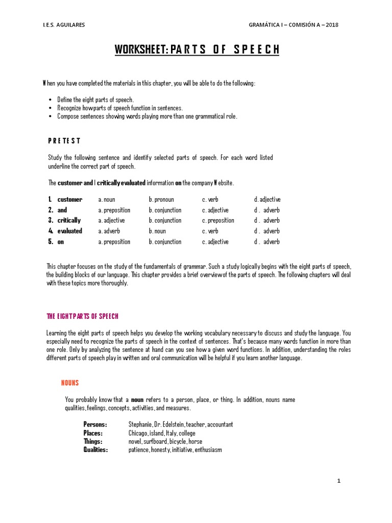 Worksheet:Parts of Speech | PDF | Adverb | Part Of Speech