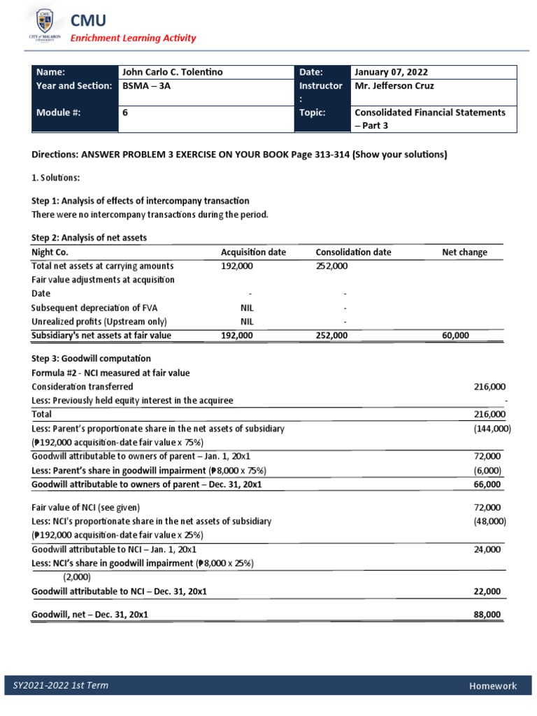 Enrichment Learning Activity: Name: Date: Year and Section: Instructor: Module #: Topic | PDF ...