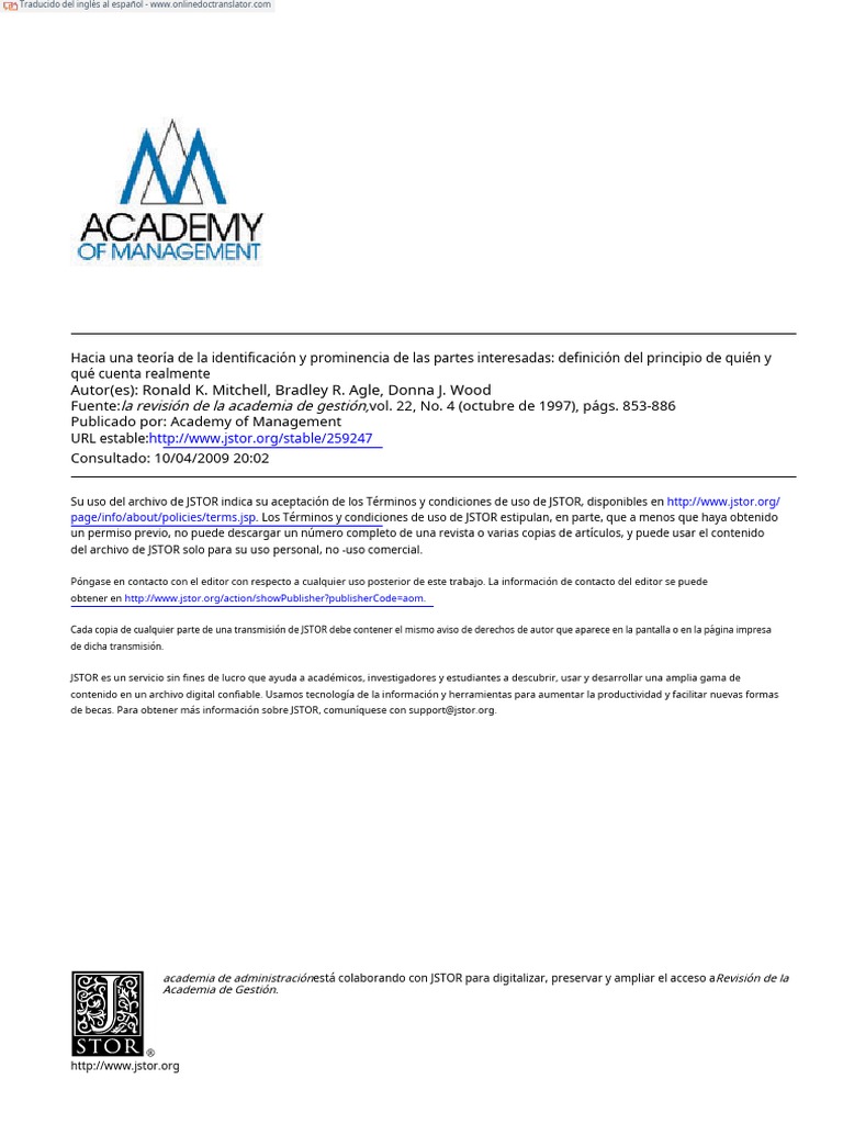 Mitchell - Stakeholder Identification (Academy of Management, 1997) .En ...