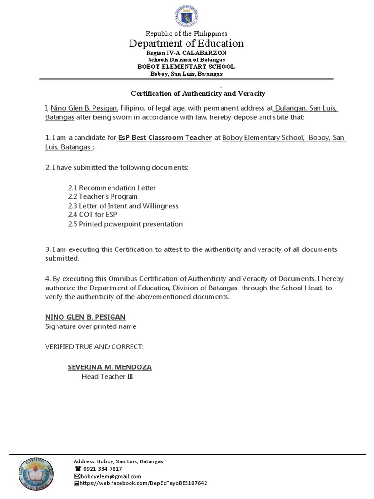 Department of Education: - Certification of Authenticity and Veracity | PDF