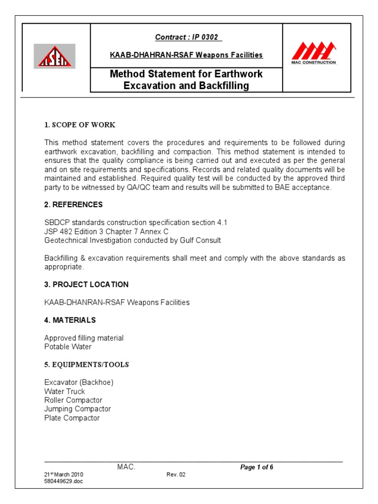 Method Statement For Earthwork Excavation & Backfilling | PDF ...