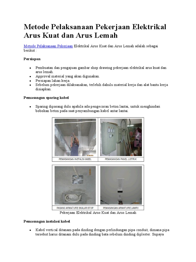 Metode Pelaksanaan Pekerjaan Elektrikal Arus Kuat Dan Arus Lemah | PDF