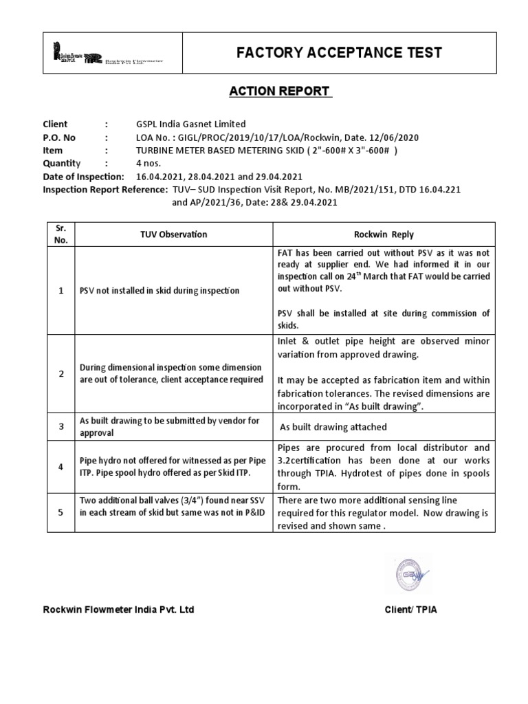 Factory Acceptance Test: Action Report | PDF | Gases | Equipment