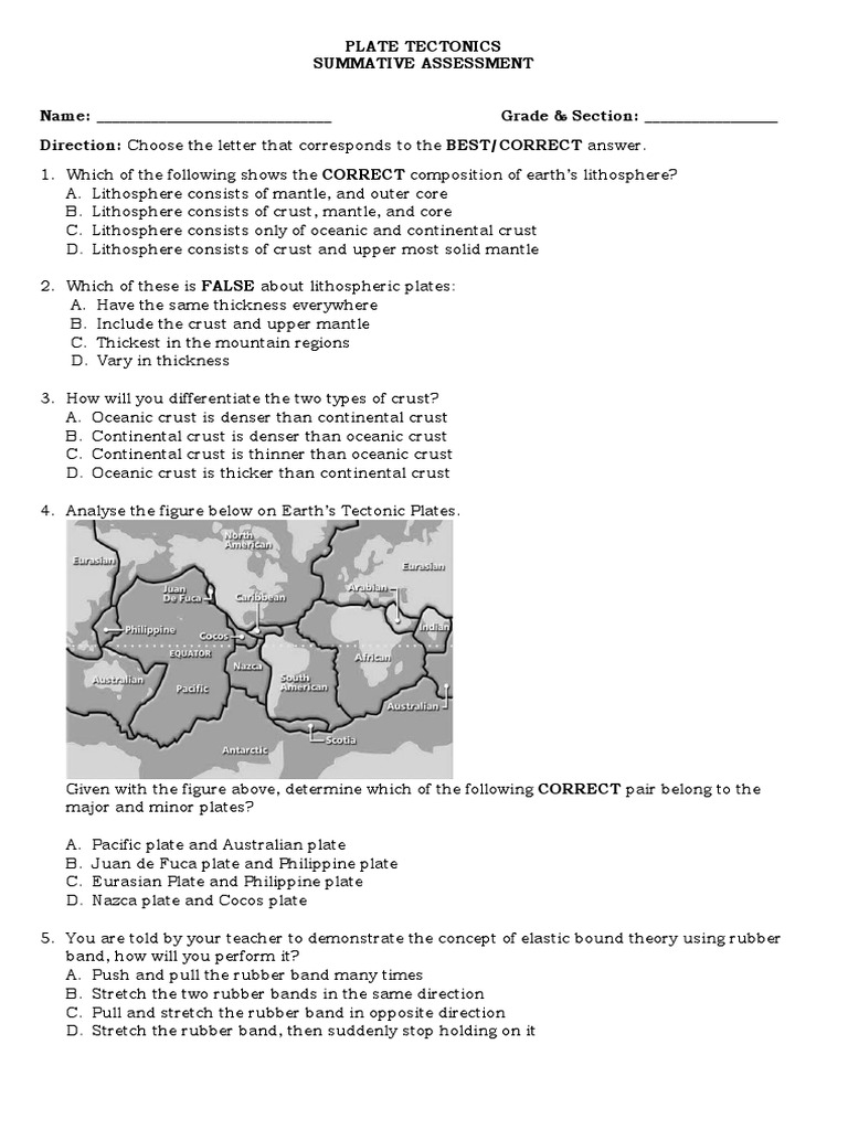 Plate Tectonics Summative Assessment Name: - Grade & Section ...