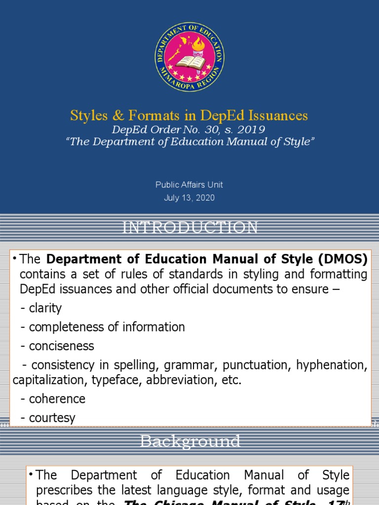 Styles & Formats in DepEd Issuances - pptx1 | PDF | Madam | Writing