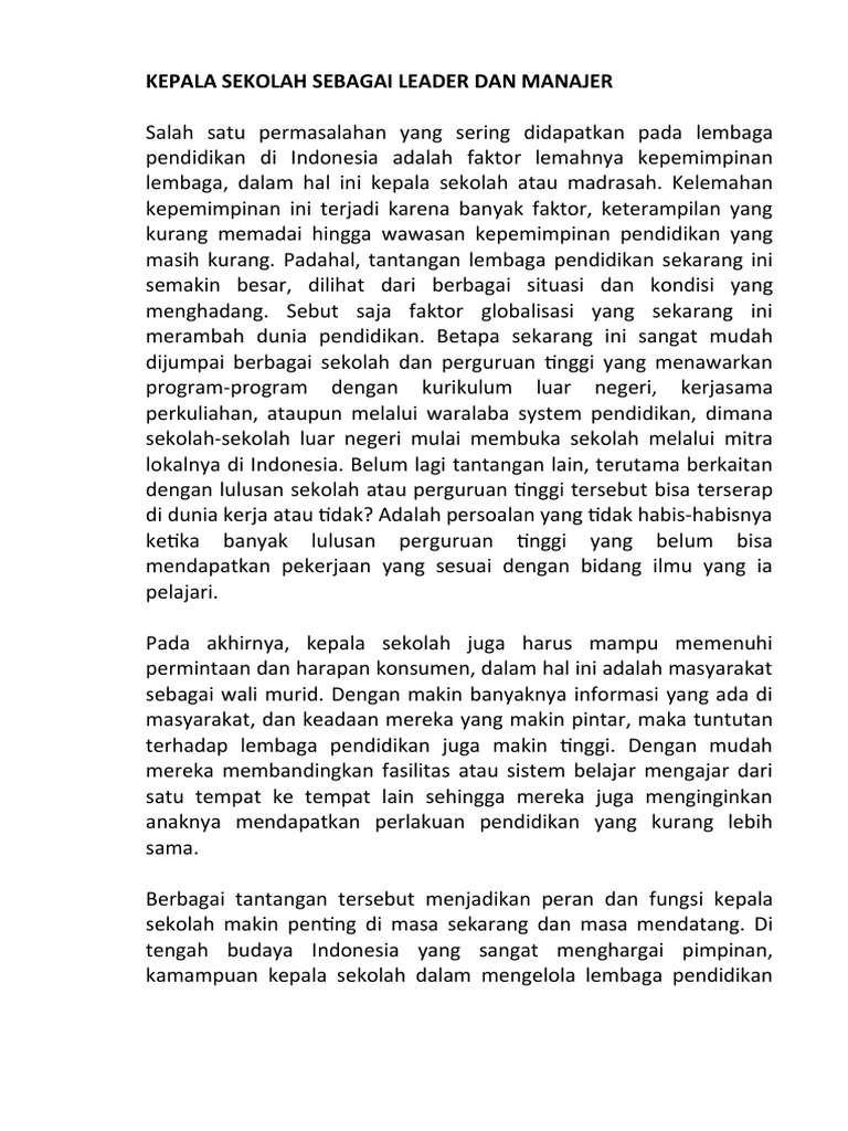Kepala Sekolah Sebagai Leader Dan Manajer | PDF | Karier & Perkembangan ...