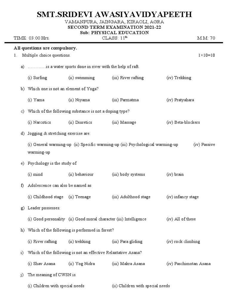 SMT - Sridevi Awasiyavidyapeeth: Second Term Examination 2021-22 Sub ...