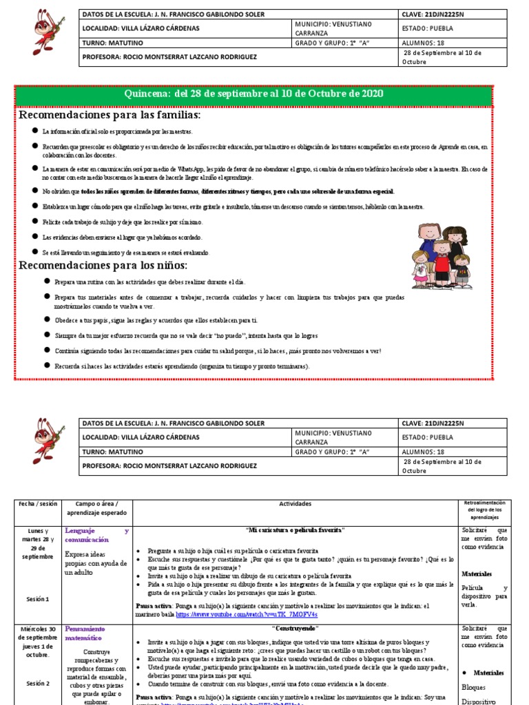 Plan 28 Septiebre 10 Octubre Primero | PDF | Aprendizaje | Ritmo