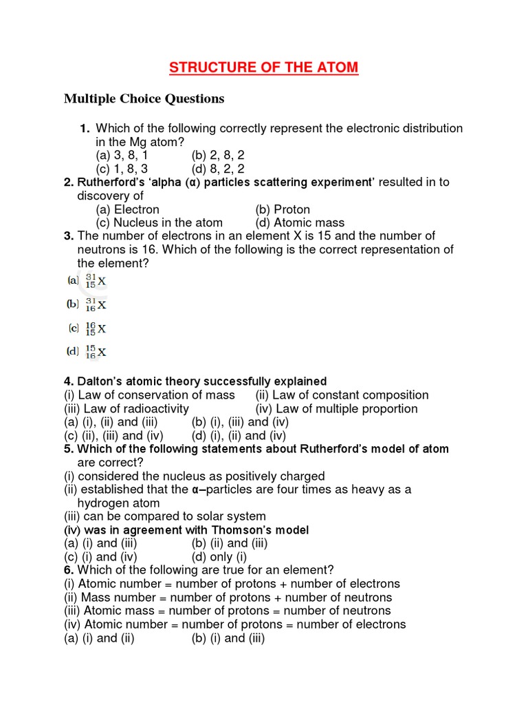 Structure Atom Multiple Choice | PDF | Atoms | Proton