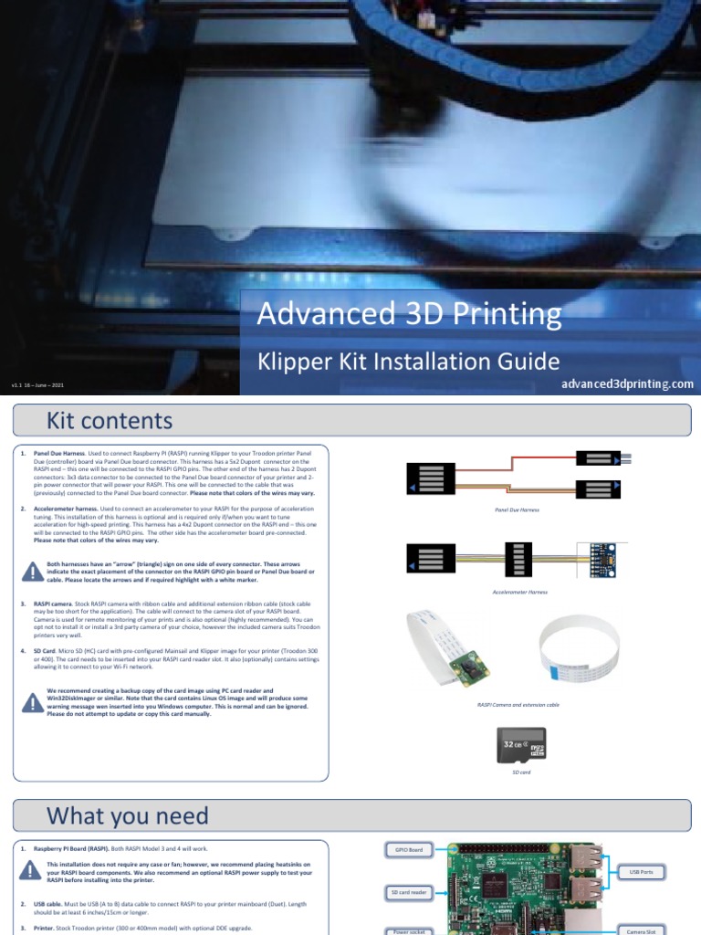 Advanced 3D Printing Klipper Kit Installation Guide v1.1 | PDF | Raspberry Pi | Electrical Connector