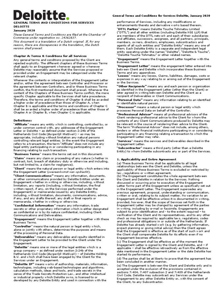 General Terms and Conditions For Services Deloitte, January 2020 | PDF ...
