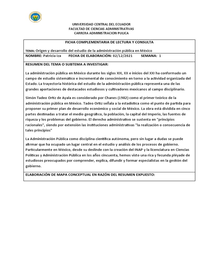 FICHA COMPLEMENTARIA DE LECTURA Y CONSULTA Semana 1 | PDF | México | Administración Pública