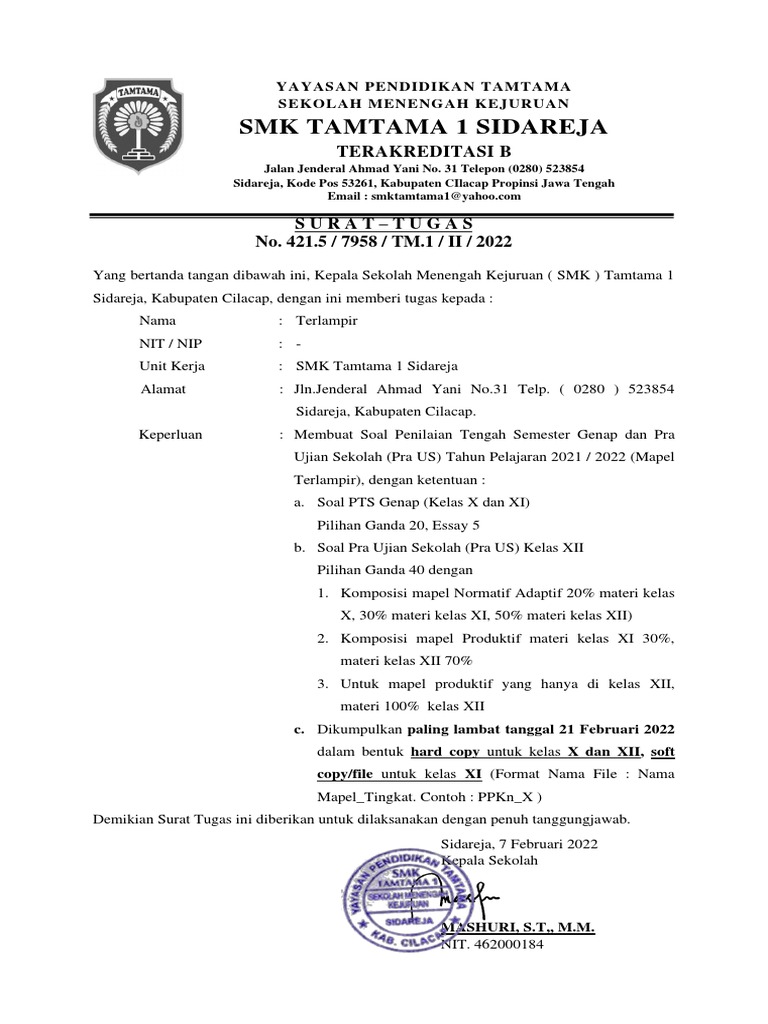 Surat Tugas Pembuatan Soal PTS Genap Dan Pra Us | PDF