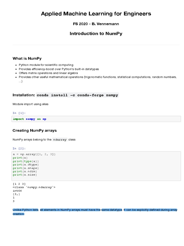 Applied Machine Learning For Engineers: Introduction To Numpy | PDF ...