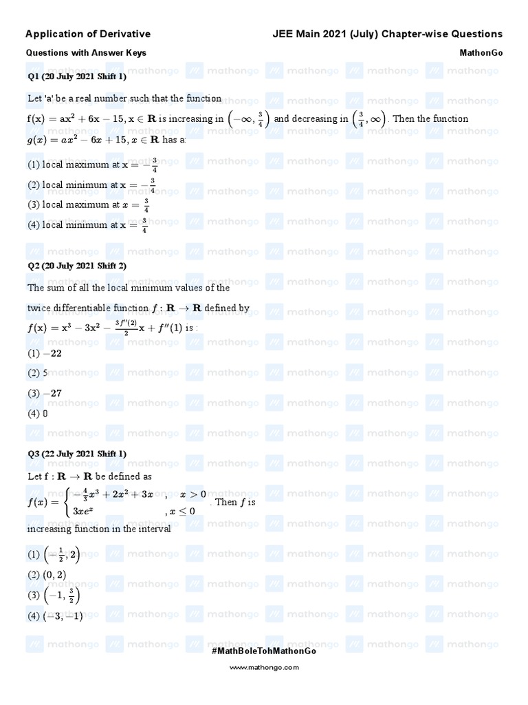 Mathematics - JEE Main 2021 July Chapter-Wise - MathonGo | PDF | Maxima And Minima | Function ...