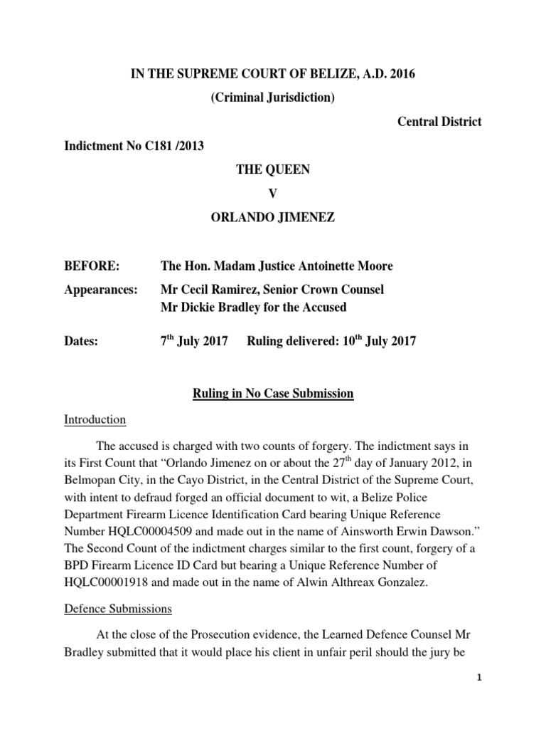 Ruling No Case Submission - R Vs Orlando Jimenez 2017 | PDF | Witness | Identity Document