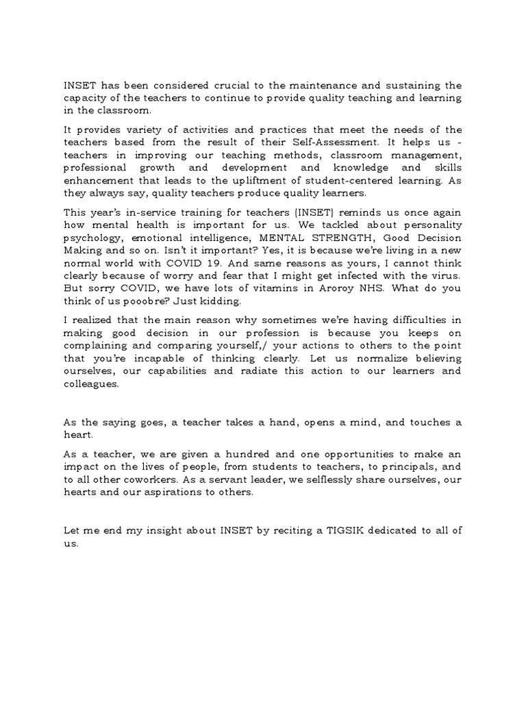 INSET Has Been Considered Crucial To The Maintenance and Sustaining The ...