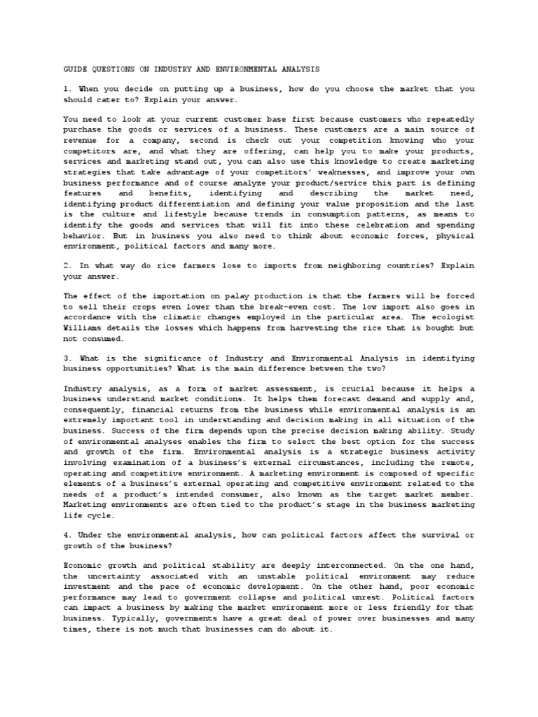 Guide Questions On Industry and Environmental Analysis | PDF ...