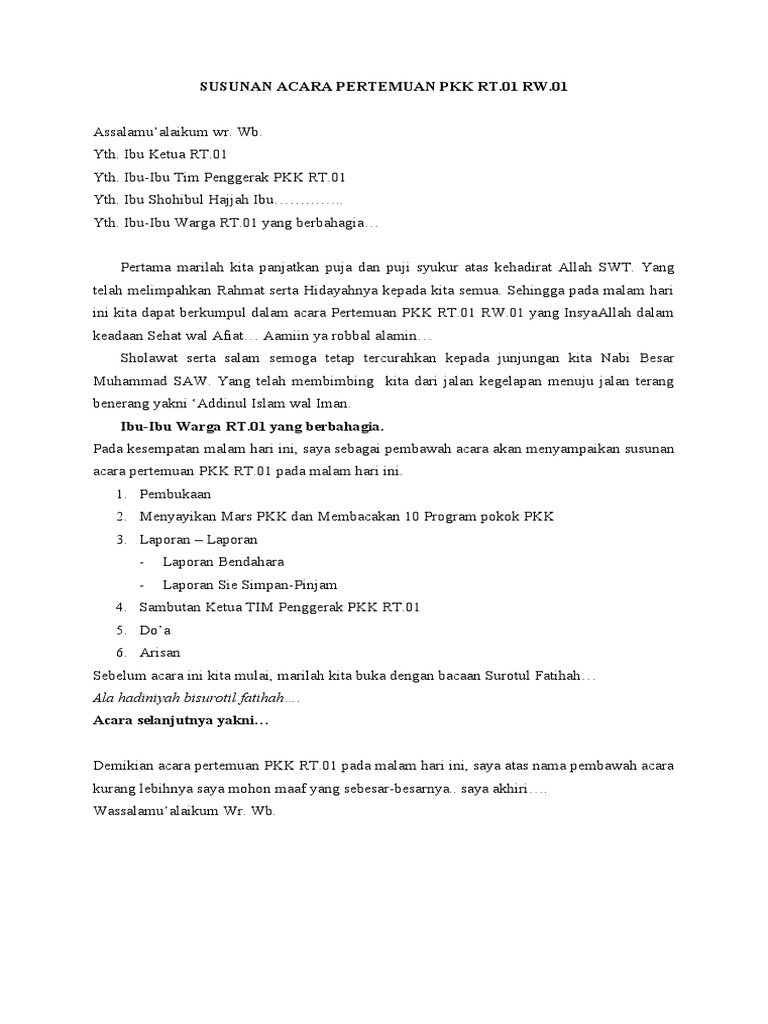 Susunan Acara Pertemuan PKK RT | PDF