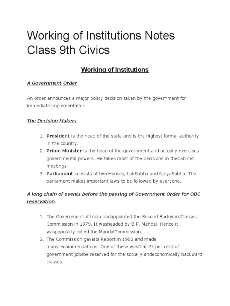 Working of Institutions Notes Class 9th Civics | PDF | Supreme Courts ...