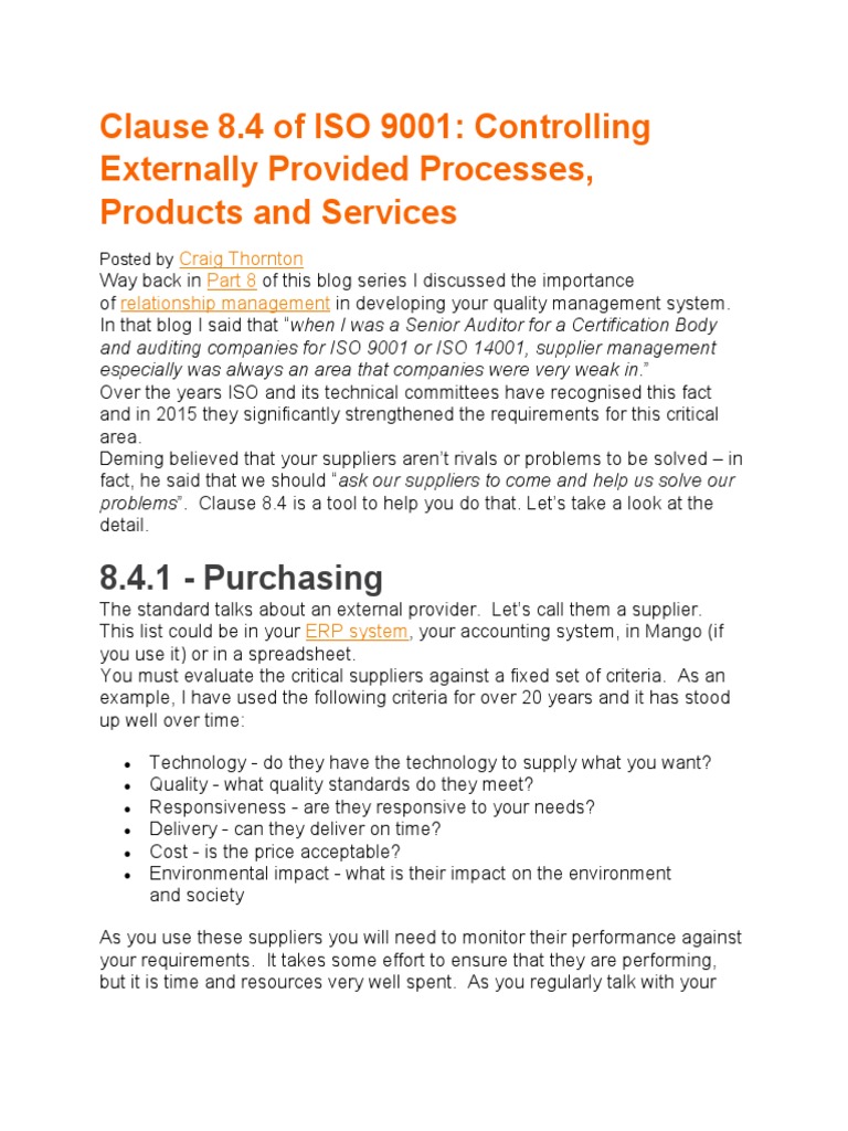 Clause 8.4 of ISO 9001 Controlling Externally Provided Processes ...