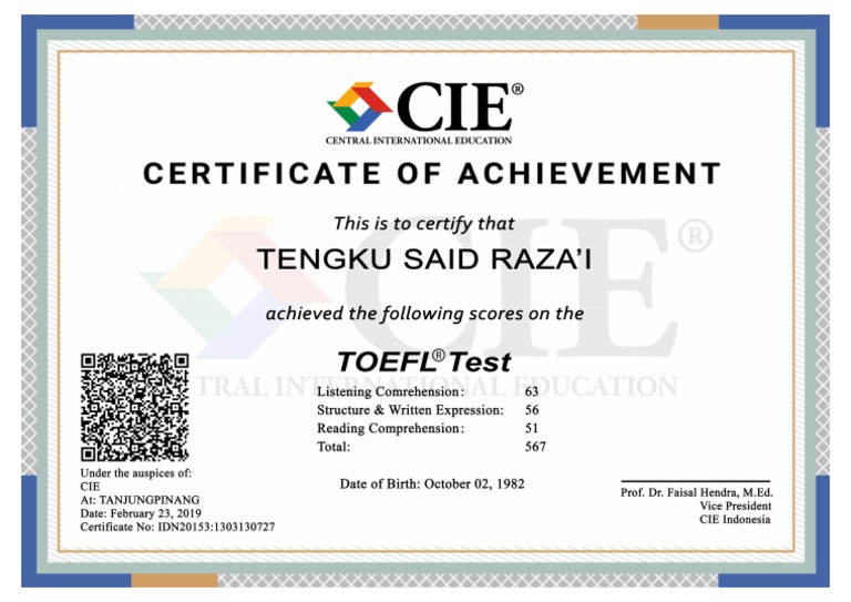 TOEFL - Certificate No - IDN20153 - 1303130727 | PDF