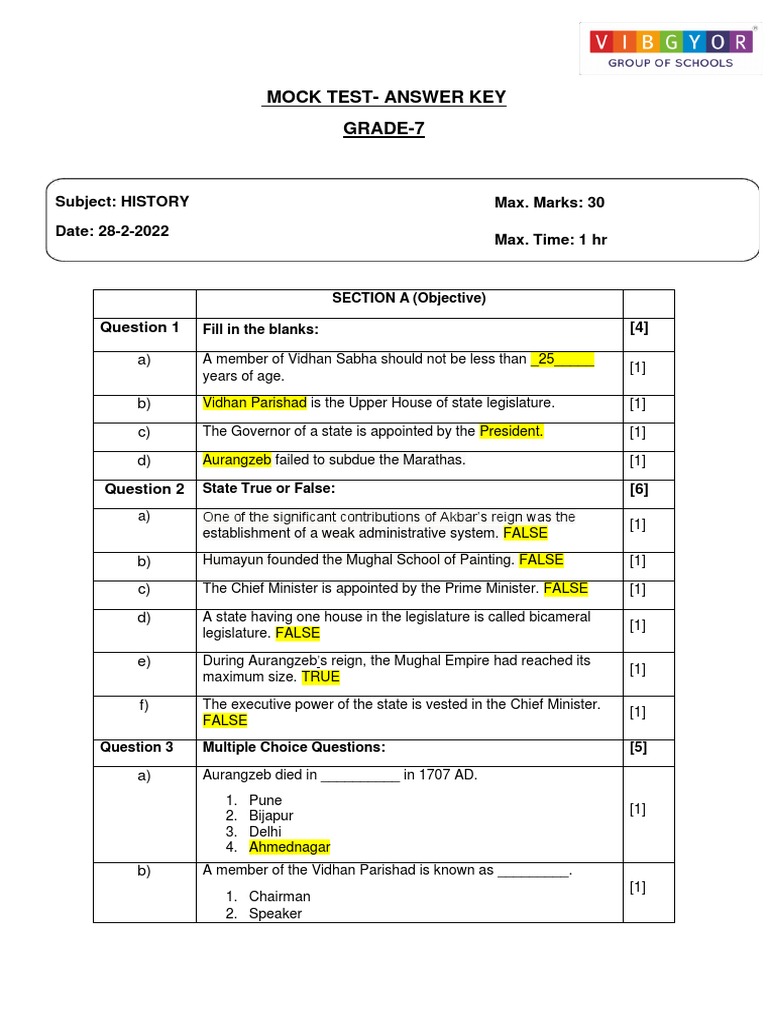 Grade 7 - History - Mock Test - Answer Key | PDF | Mughal Empire ...