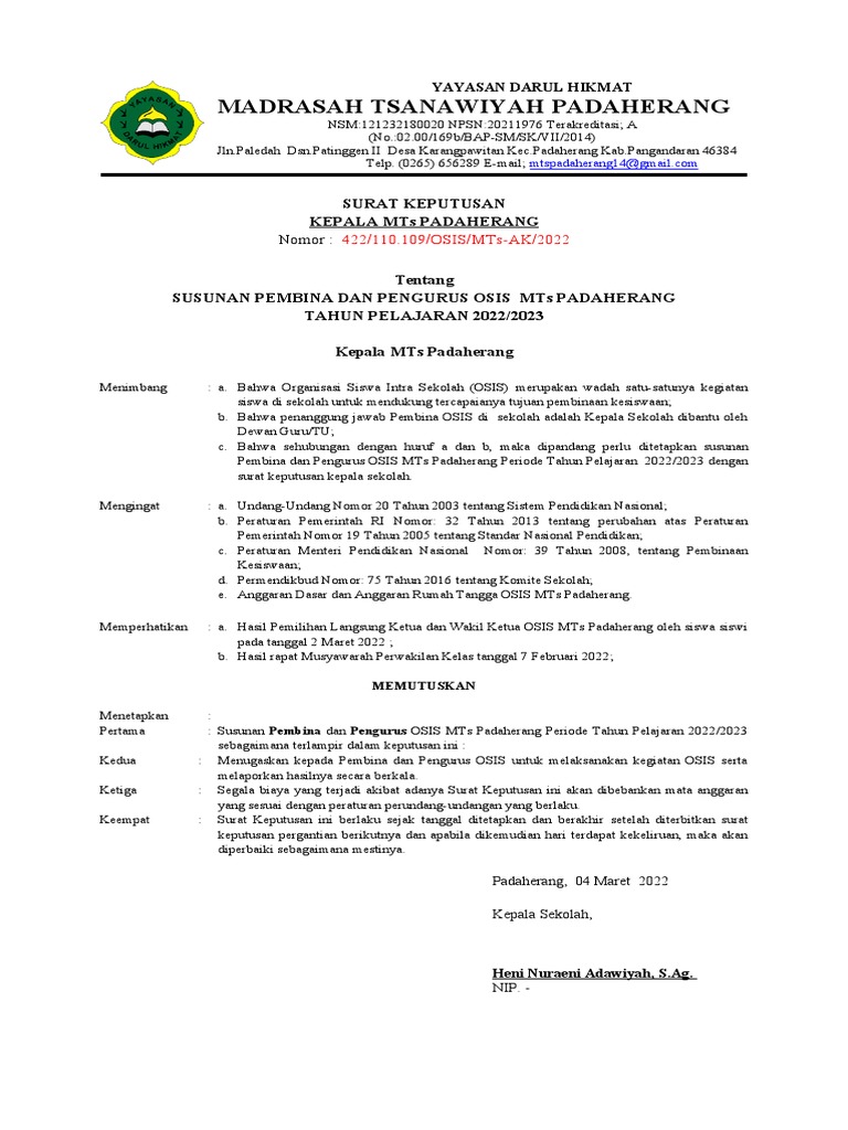 SK Pengurus Osis 2022 2023 | PDF