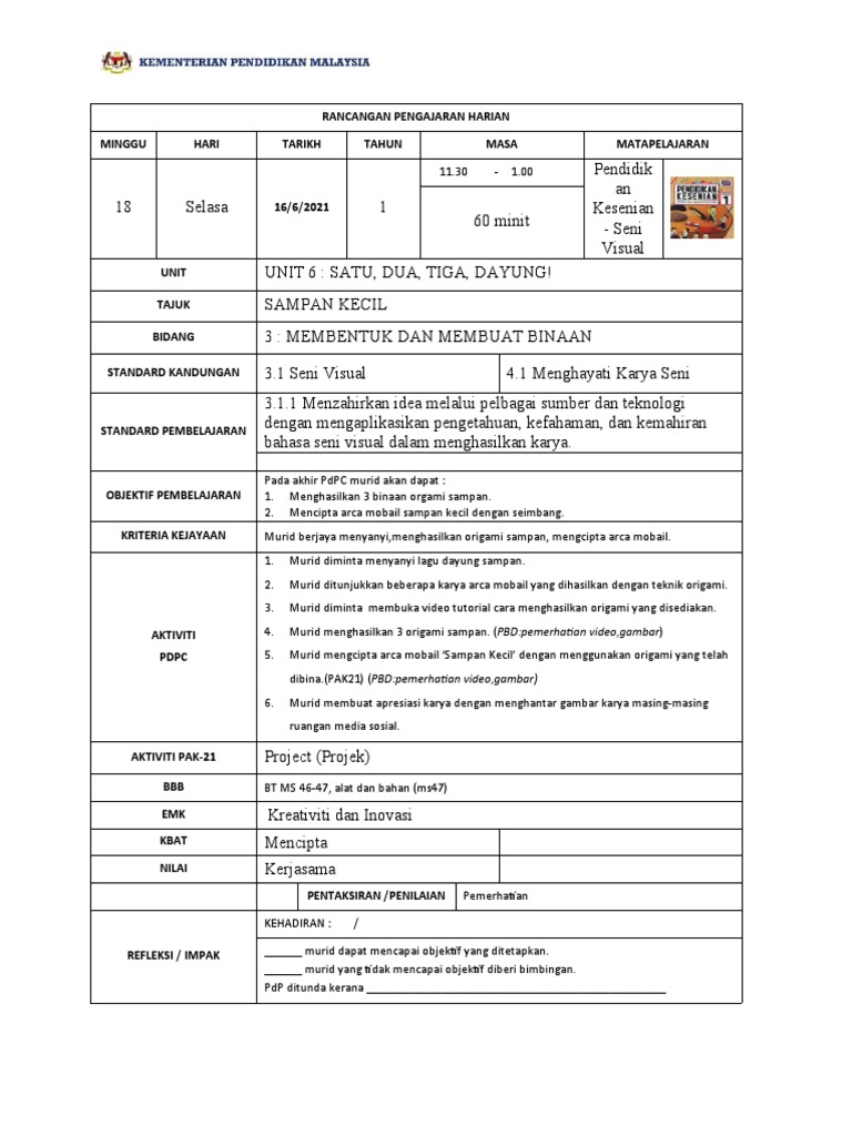 Contoh RPH Seni Tahun 1 | PDF