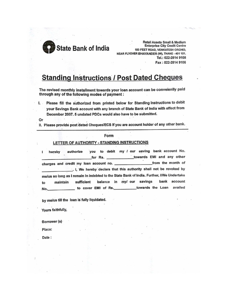 State Bank of India Standing Instructions Form | PDF