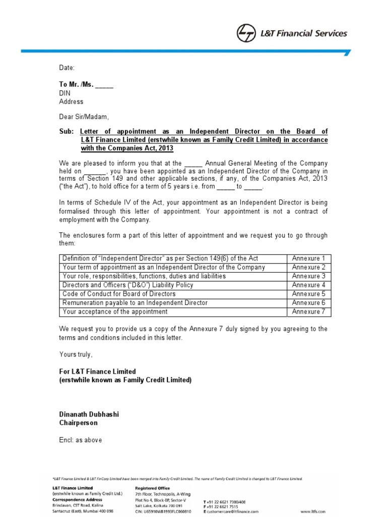 Appointment Letter | PDF | Board Of Directors | Justice