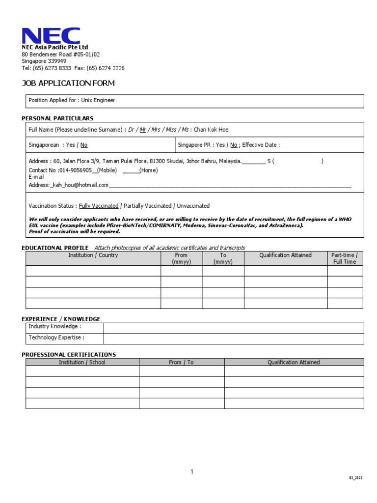 NEC Job Application Form for Unix Engineer | PDF | Employment ...
