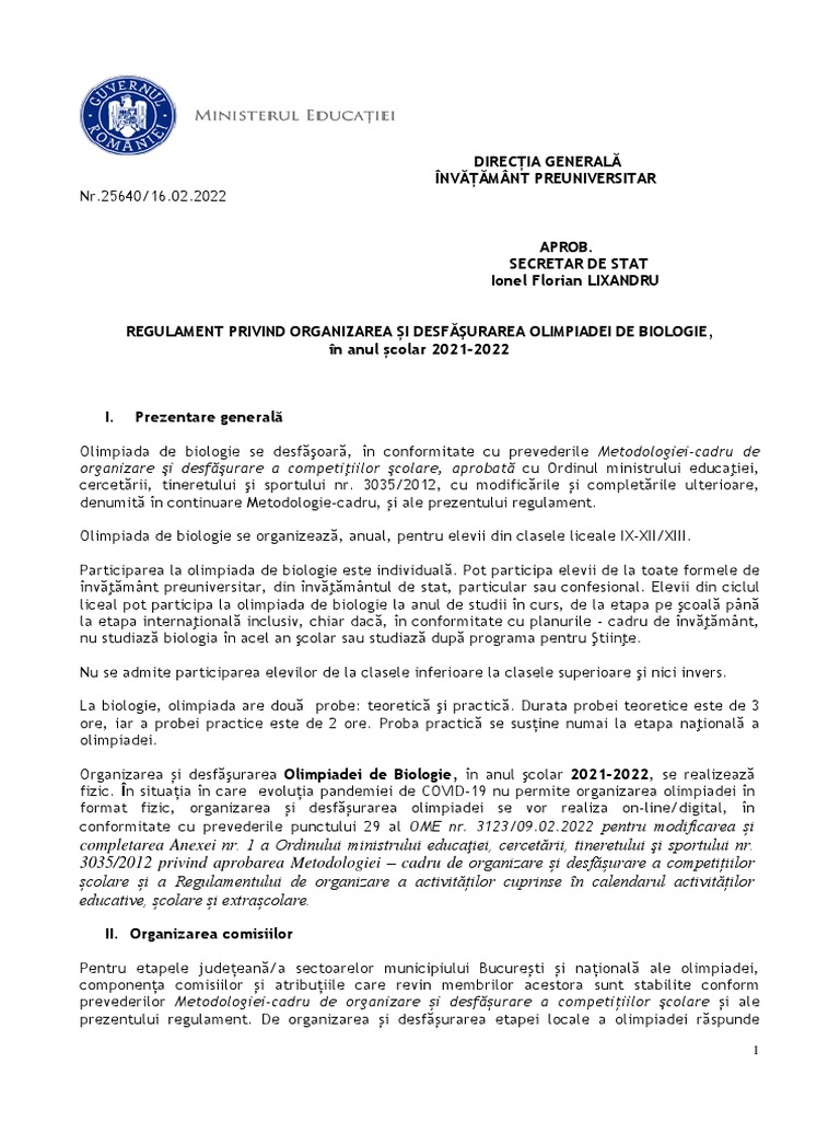 Regulament - Specific - Olimpiada - Biologie - 2022 | PDF