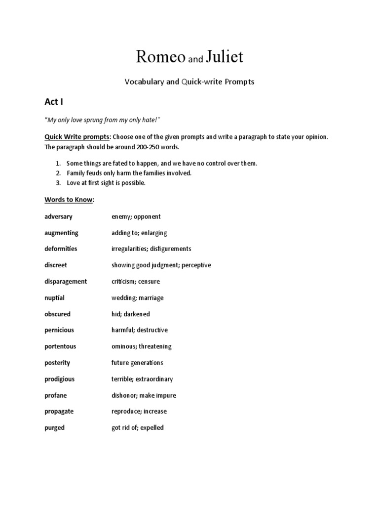 Romeo and Juliet Study Guide Questions and Quick-Writie Prompts ...