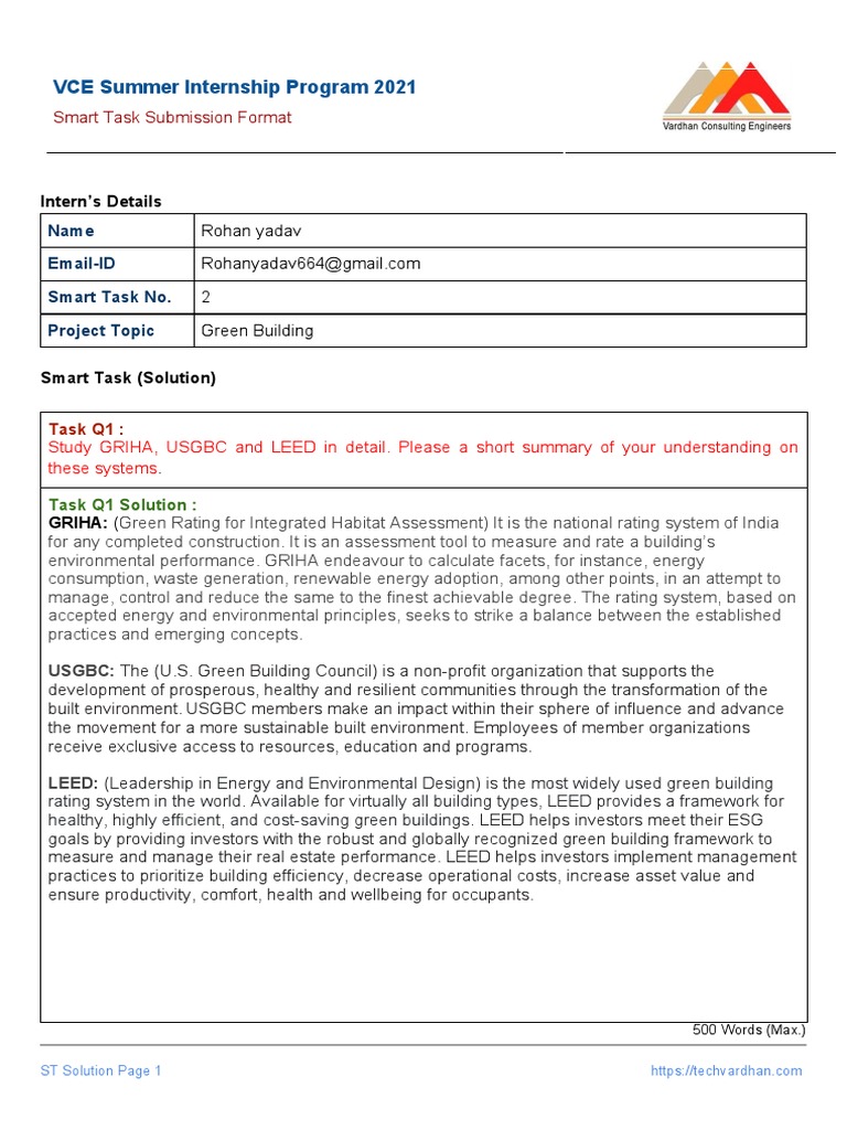 VCE Summer Internship Program 2021: Rohan Yadav 2 Green Building | PDF ...